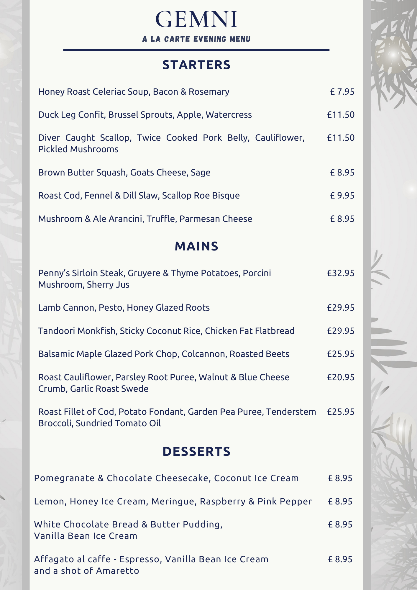 Seasonal Evening Menu