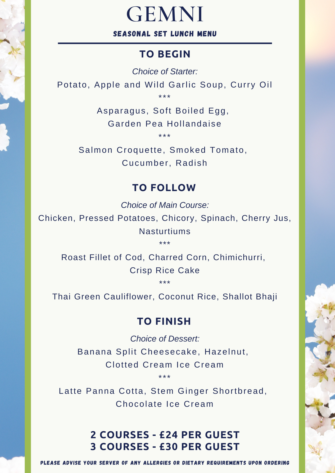 Seasonal Set Lunch Menu