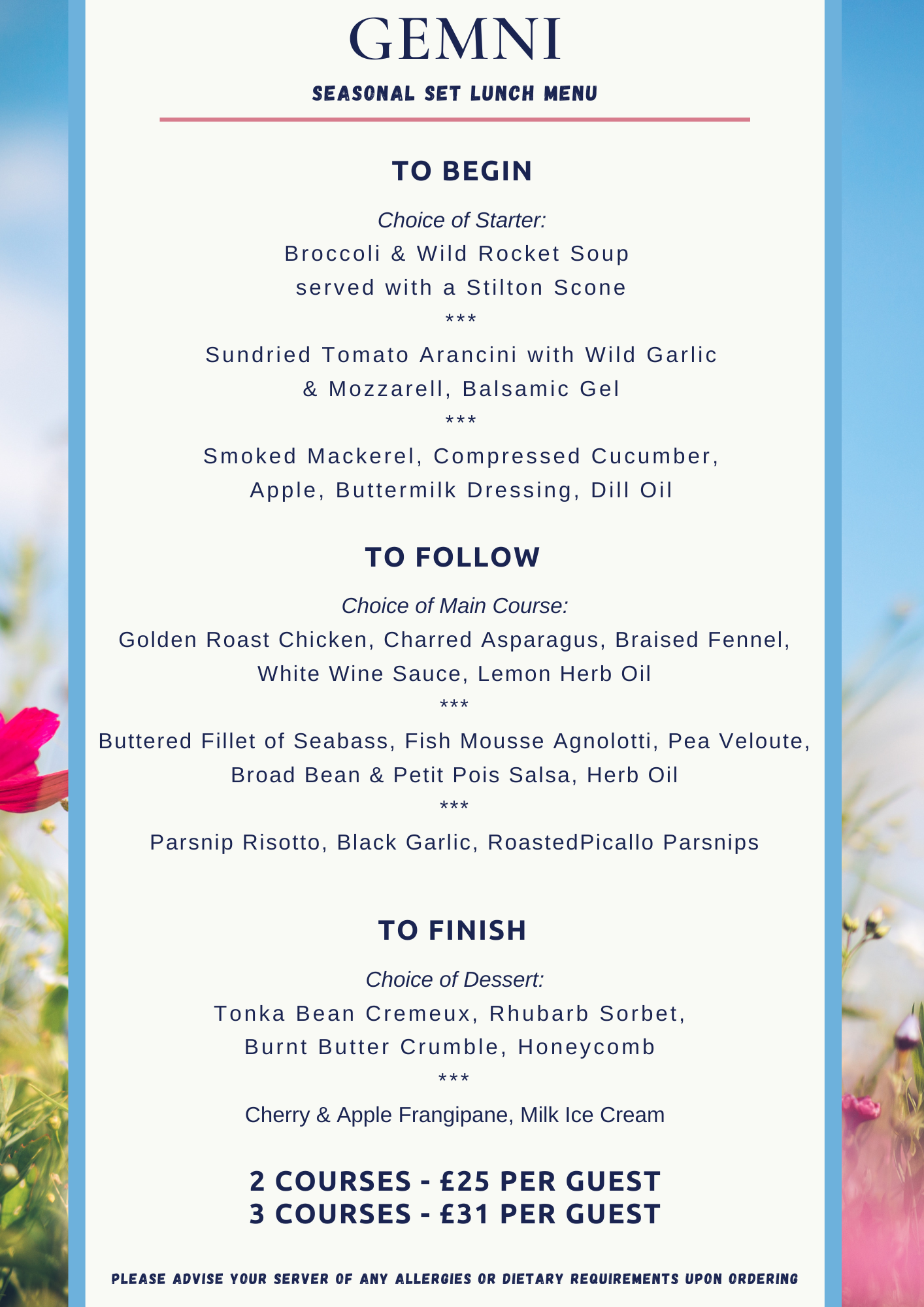 Seasonal Set Lunch Menu