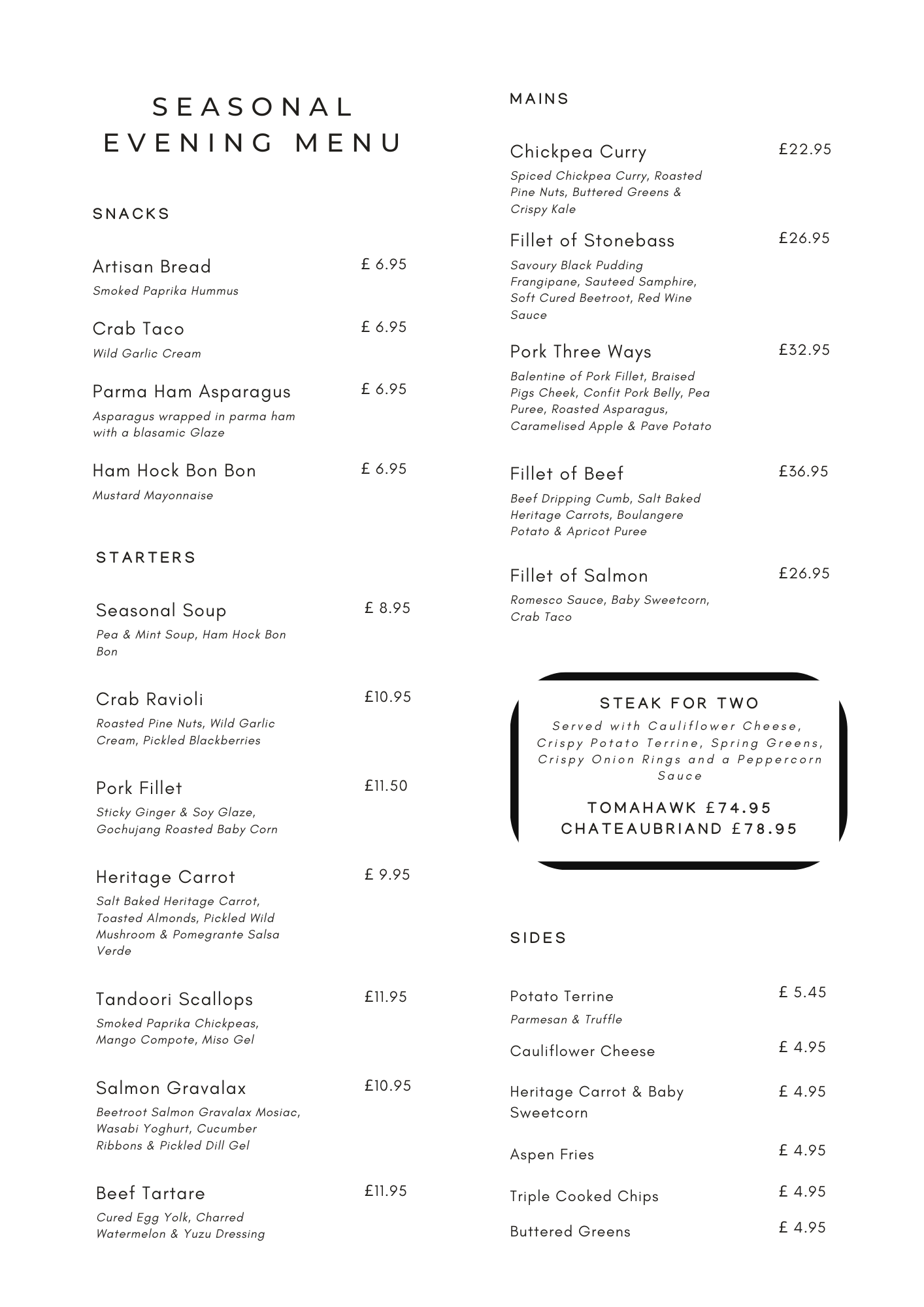Seasonal Evening A La Carte Menu